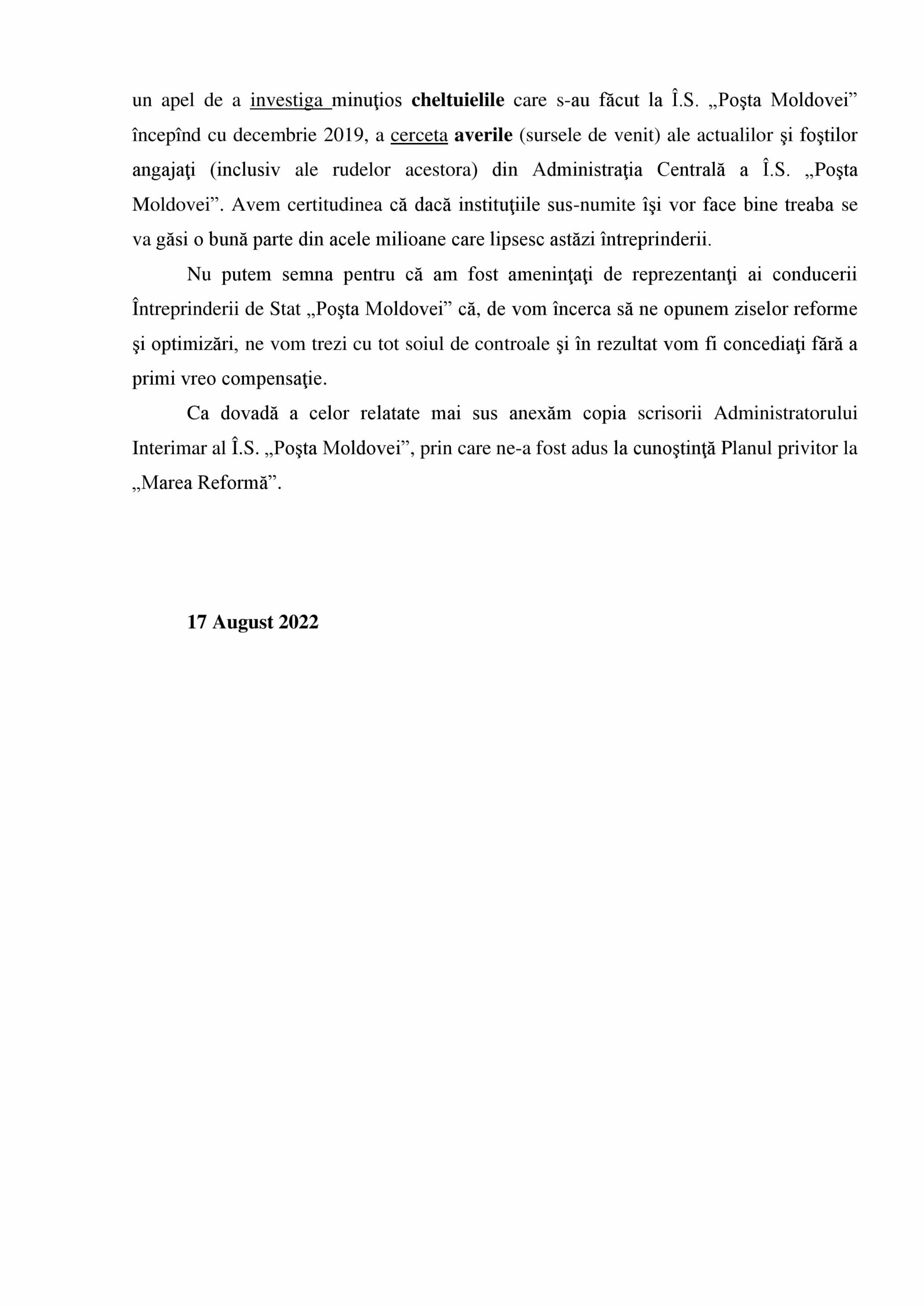 DOC/ Administratorul ÎS Poșta Moldovei anunță despre un plan de ...